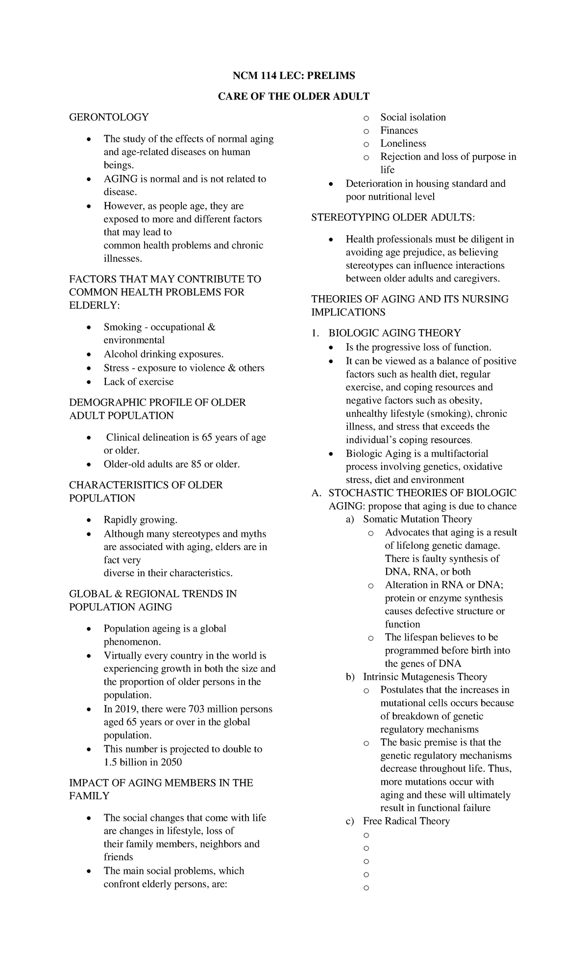 NCM 114 Final Exam Lesson 1: Care of the Older Adult in Gerontology ...