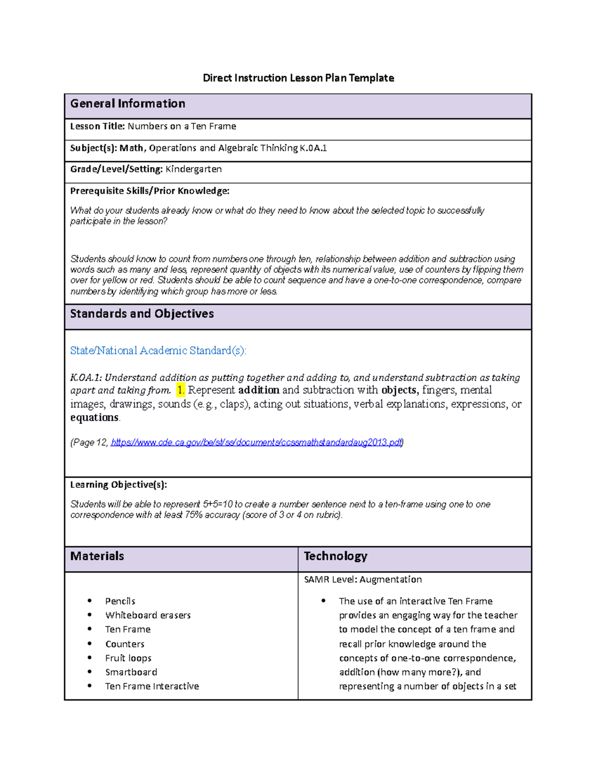K.0A Kinder Math Lesson Plan: Understanding Numbers on a Ten Frame ...