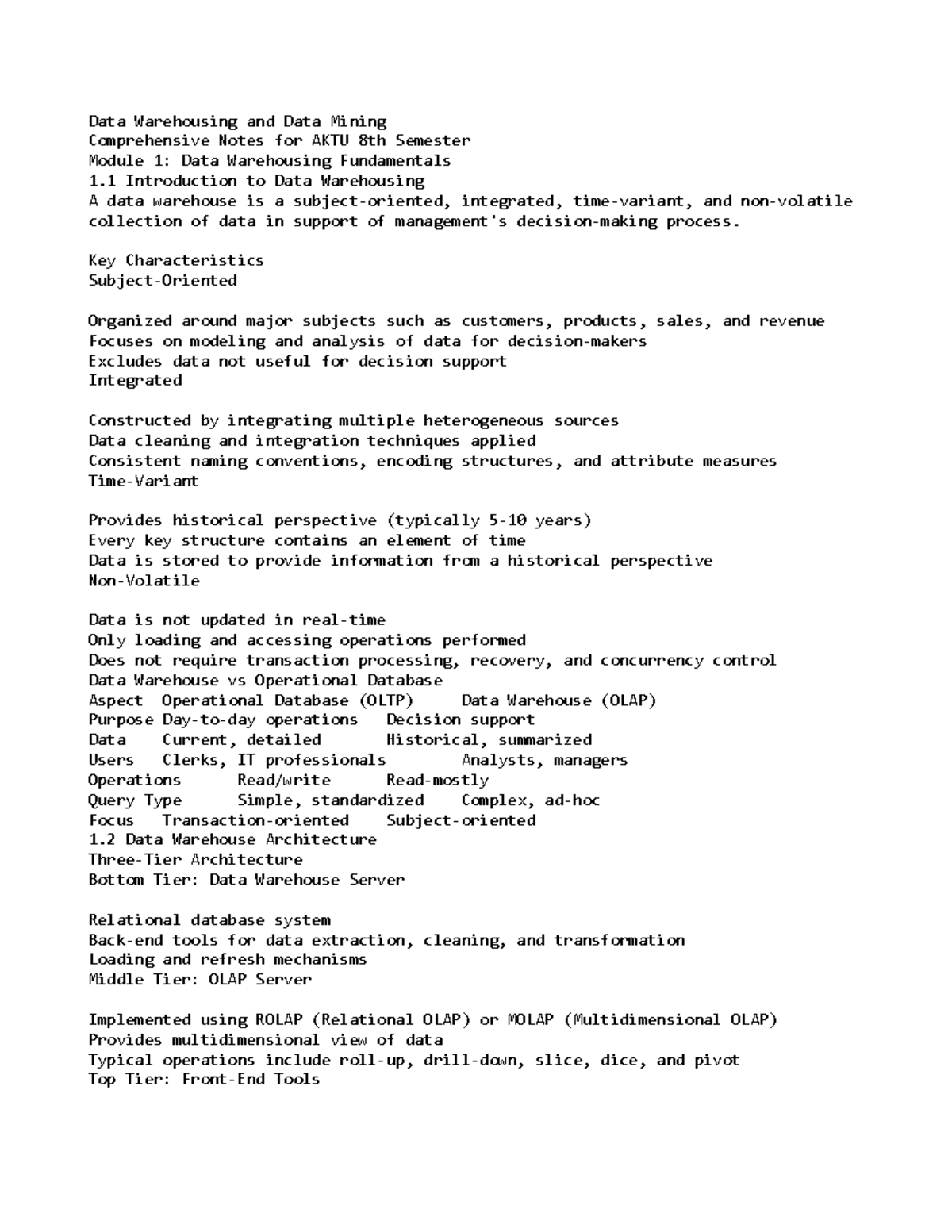Data Warehousing & Data Mining Notes for AKTU 8th Sem Module 1 - Studocu