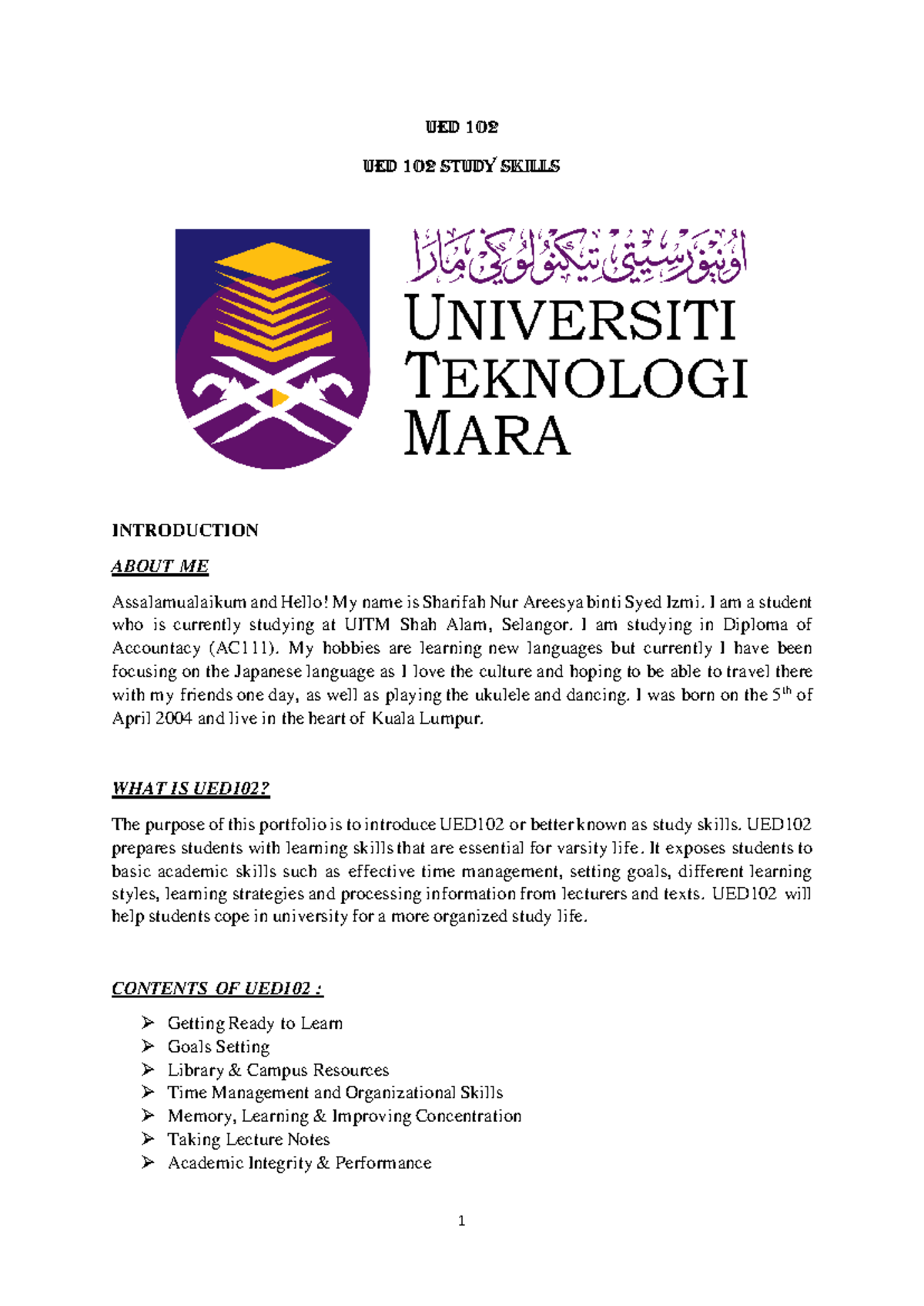 UED 102 Study Skills Portfolio: Essentials for University Success - Studocu