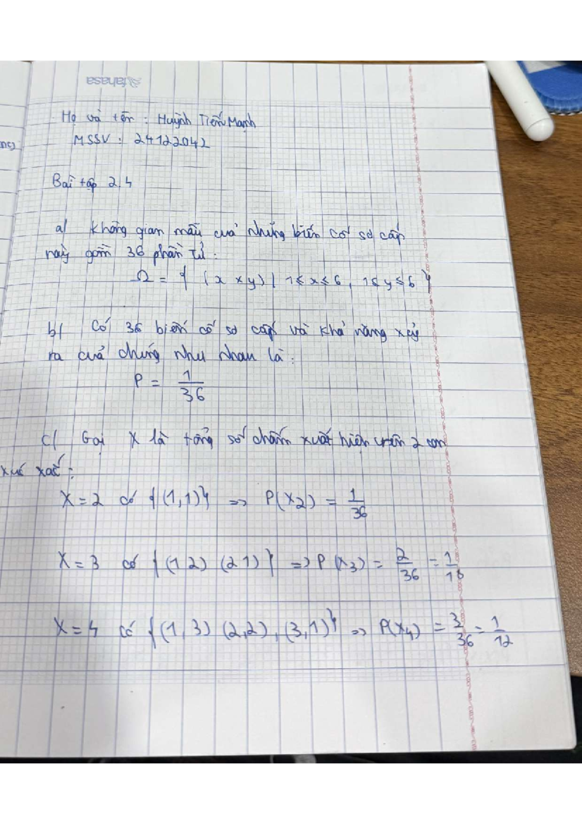 Bài Tập 24: Xác Suất và Biến Ngẫu Nhiên - MSSV 24122042 - Studocu