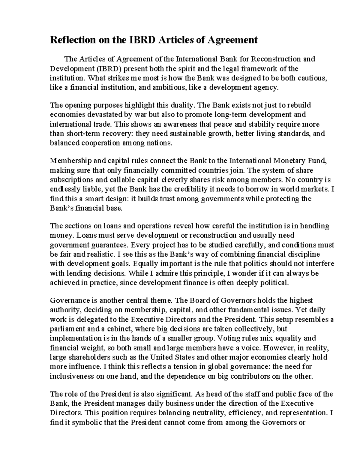 Reflection on IBRD Articles of Agreement: A Critical Analysis - Studocu