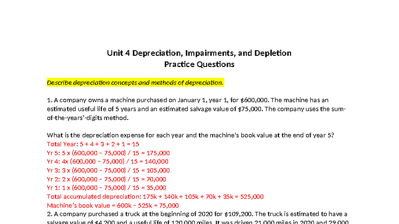 Unit 4 Practice Questions on Depreciation, Impairments, and Depletion ...