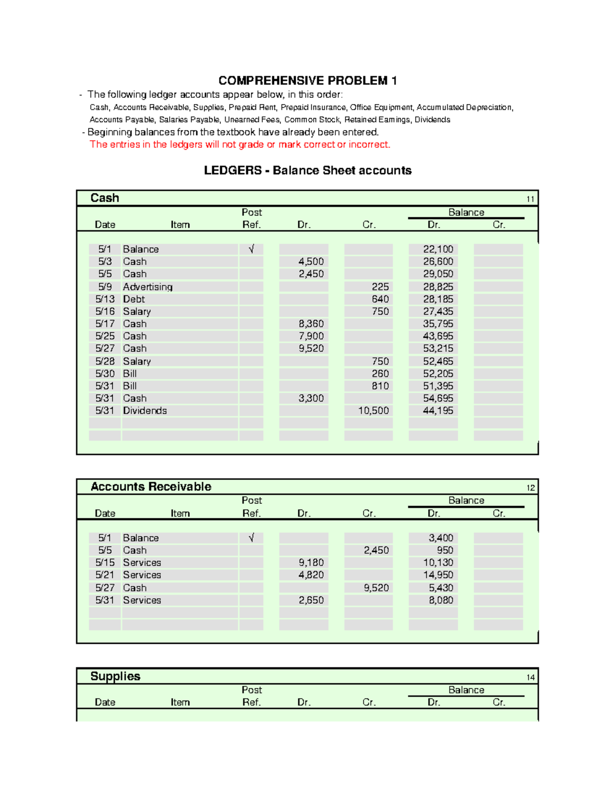 Comprehensive Problem 1: Ledger Accounts Overview for Accounting Class ...