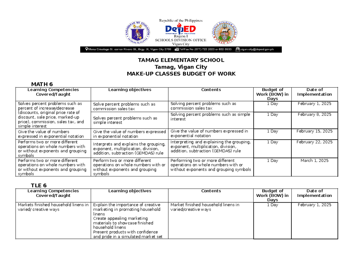 BOW - Guide for Make-Up Classes in Math, TLE, MAPEH, & EPP 6 - Studocu