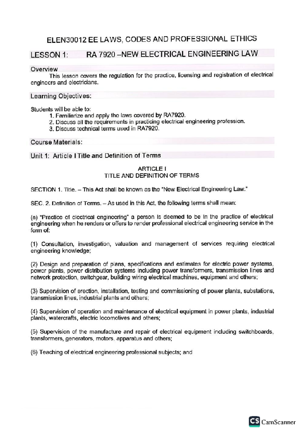 ELEN30012 EE LAWS, CODES & PROFESSIONAL ETHICS LESSON 1: RA 7920 ...