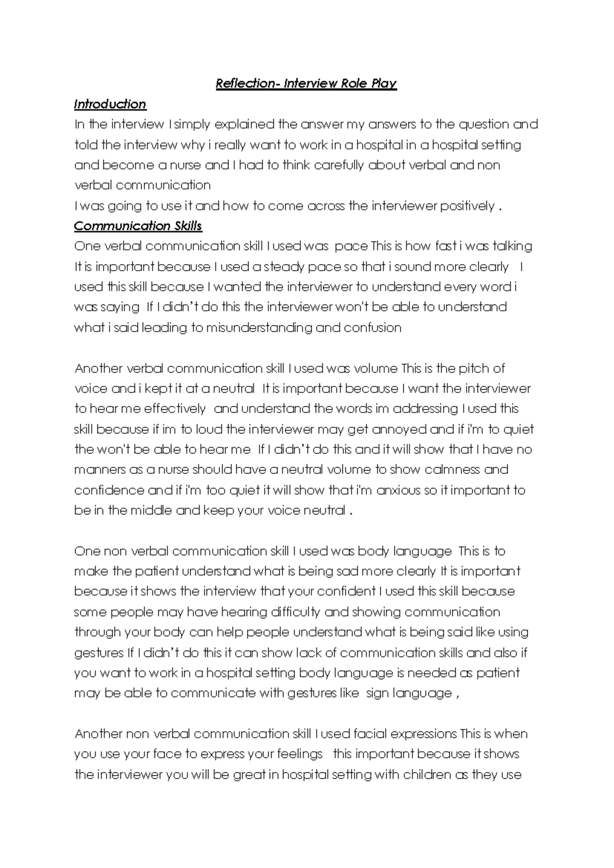 NUR 101 - Interview Role Play Reflection and Communication Skills ...