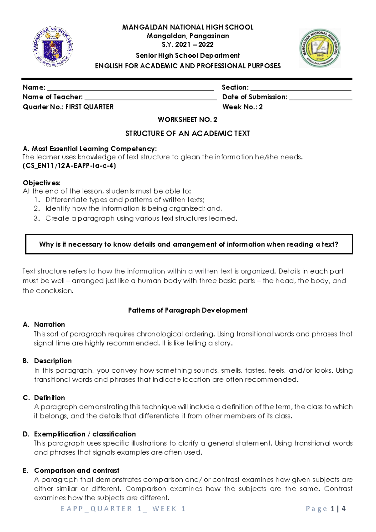 EAPP 12 WEEK 2: Structure of an Academic Text Worksheet - Studocu
