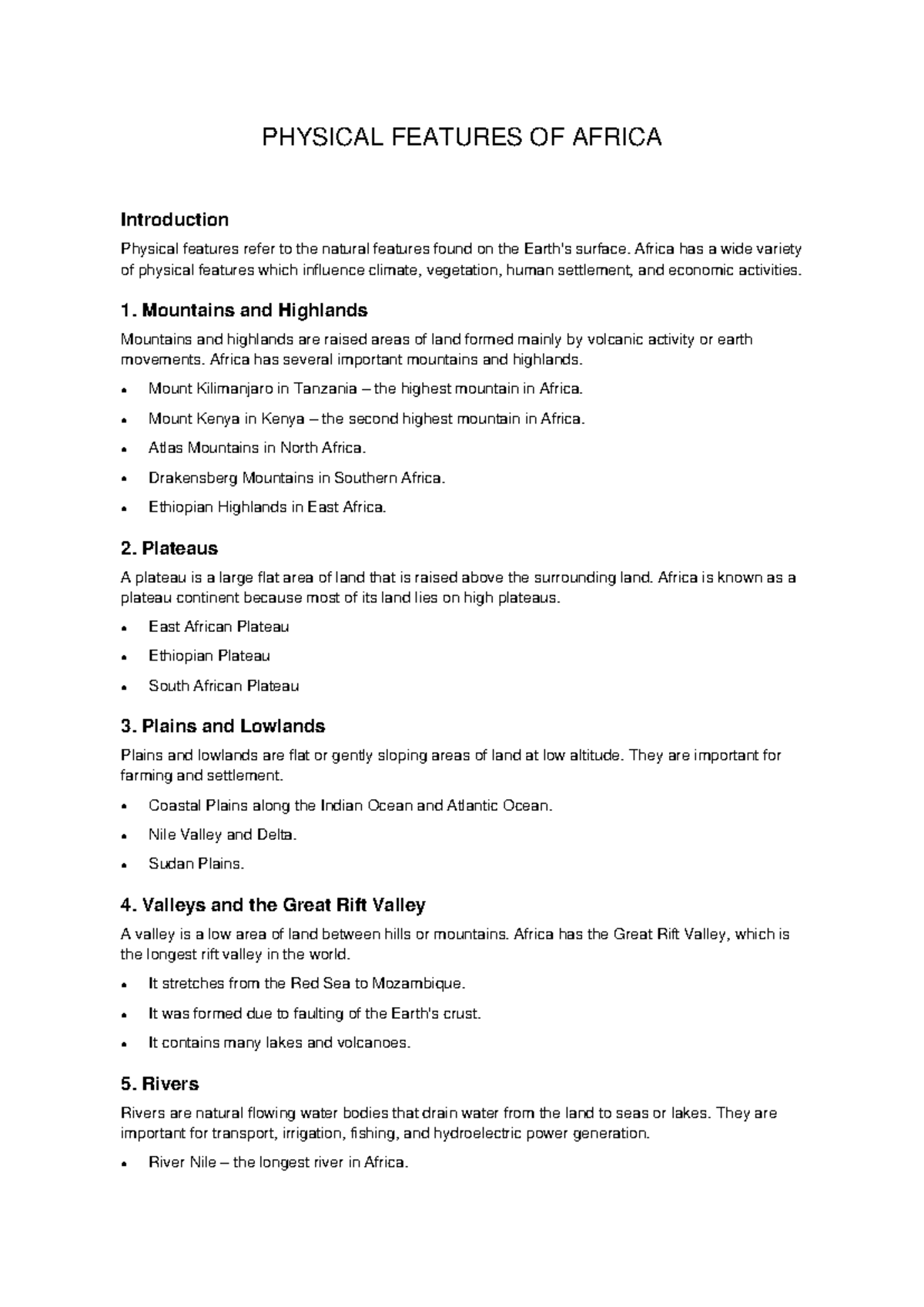 PHYSICAL FEATURES OF AFRICA: Key Notes and Insights - Studocu