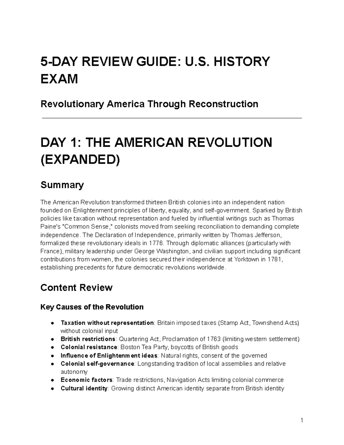 5-Day U.S. History Exam Review: AM REV to RECONSTRUCTION (Final Exam ...