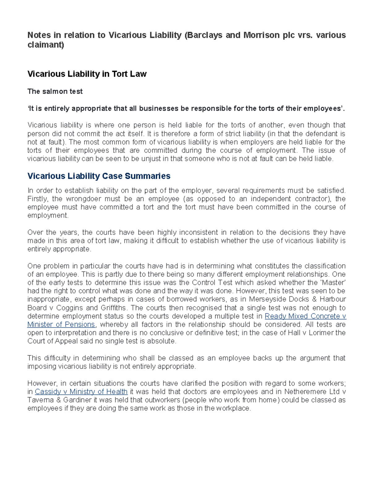 Vicarious Liability in Tort Law: Key Cases and Principles (LAW 101 ...