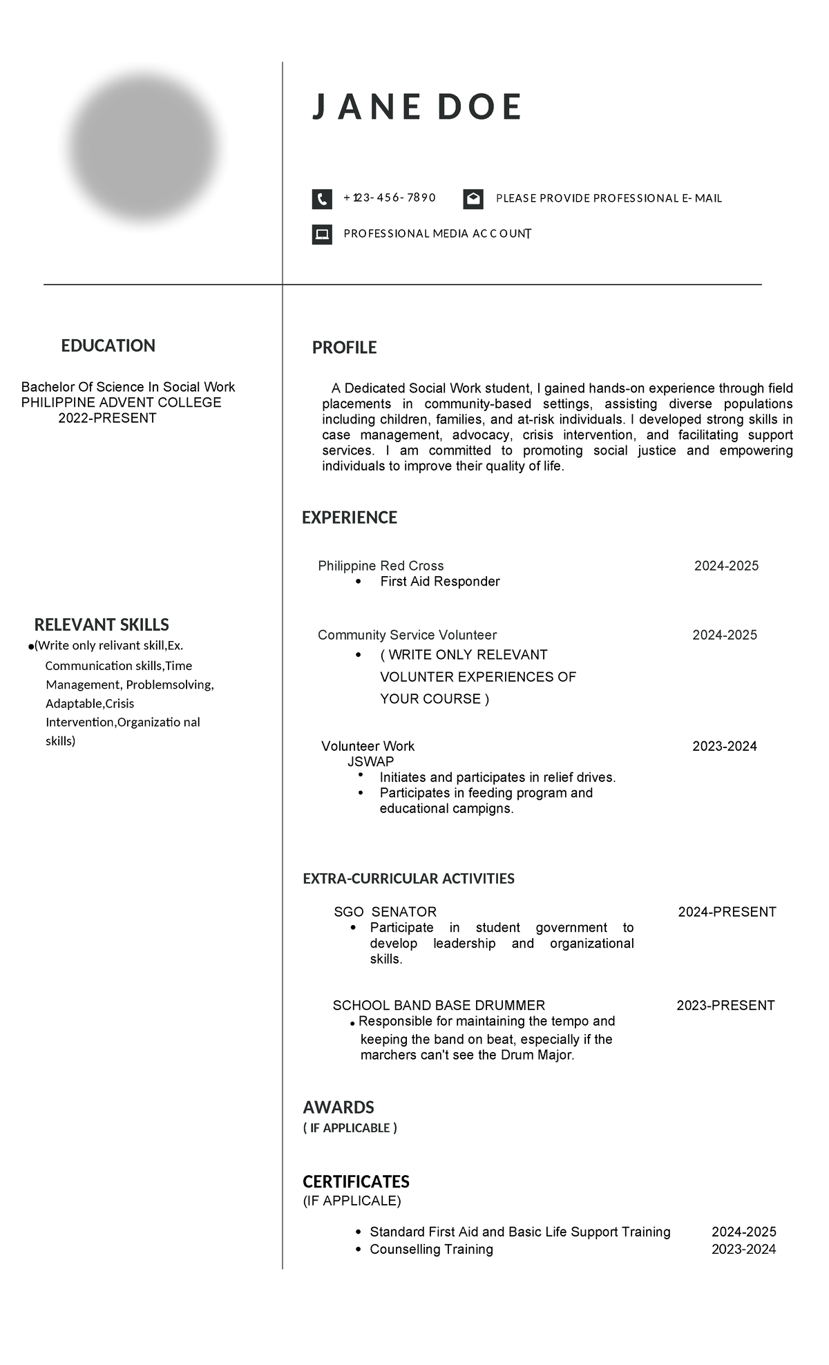 CV and Application letter - EDUCATION Bachelor Of Science In Social ...