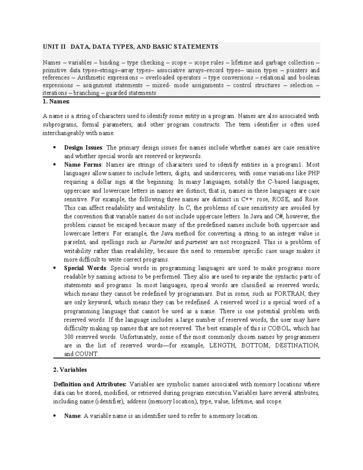 UNIT II: Data Types, Variables, and Basic Programming Concepts - Studocu