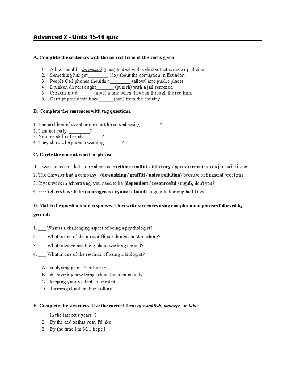 Advanced 2 Units 15 & 16 Quiz A Review - Studocu