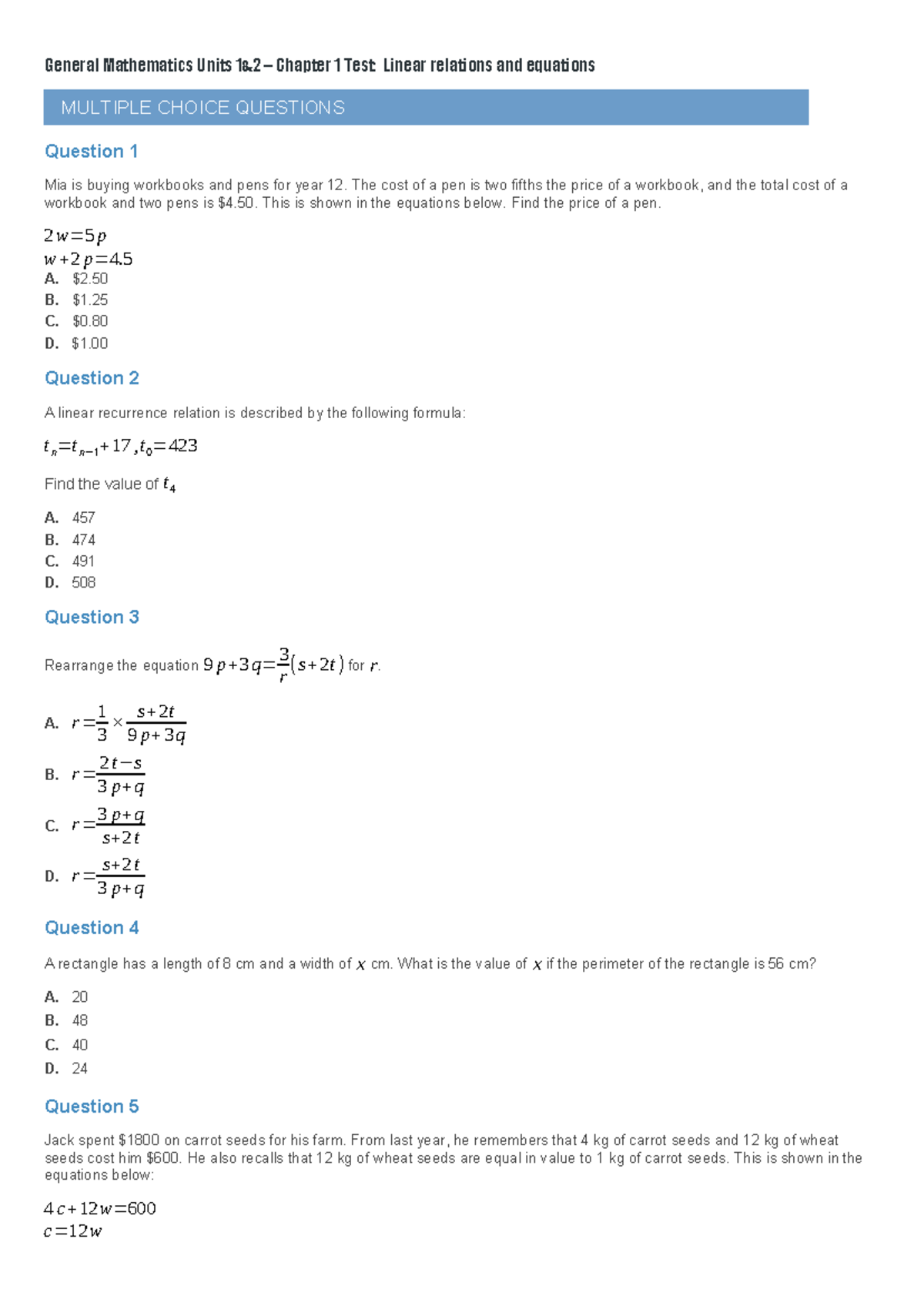 Ch 1 Test - Linear Relations & Equations - General Math Units 12 - Studocu