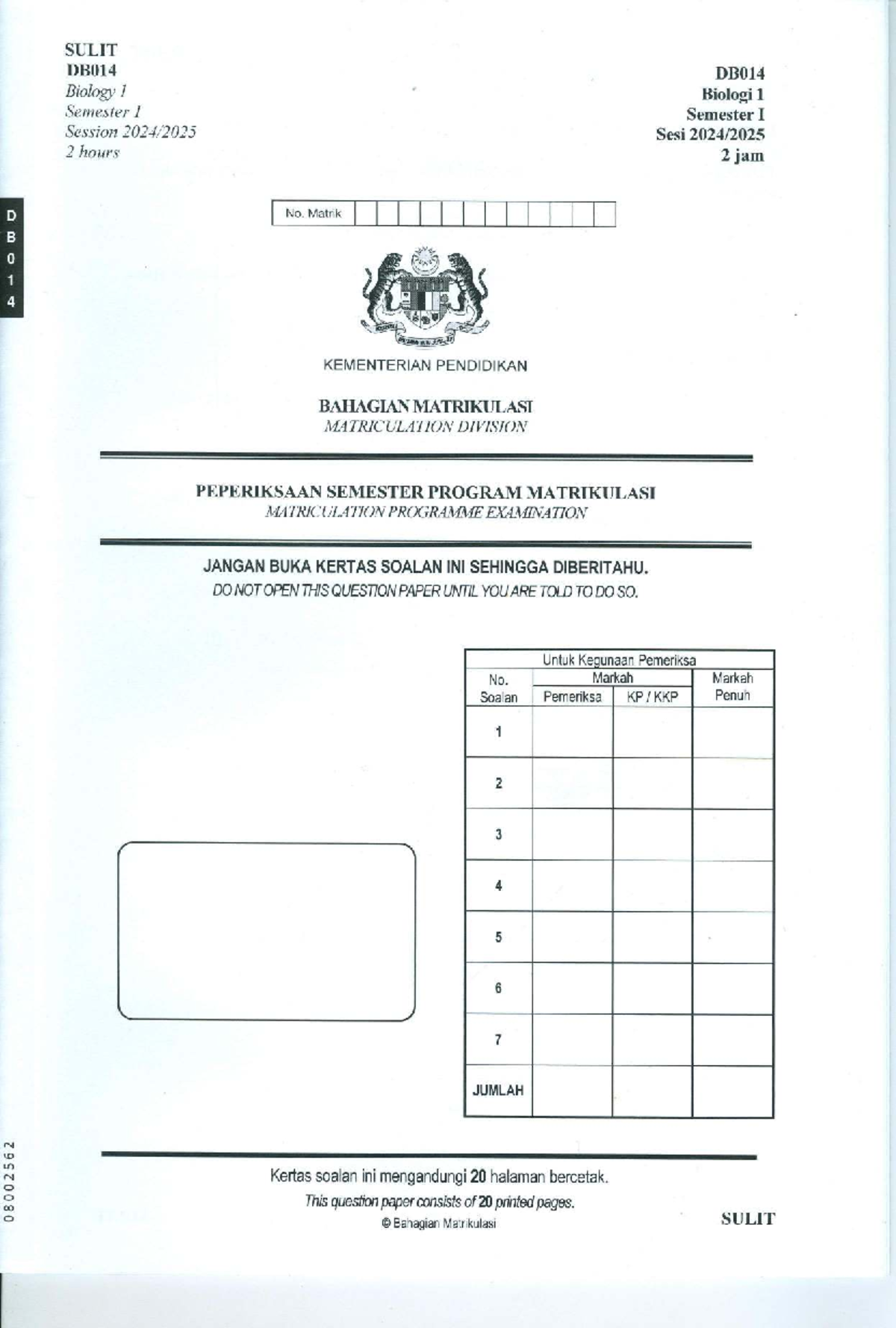 DB014 Biology 1 Semester 1 - Exam Question Paper - Studocu