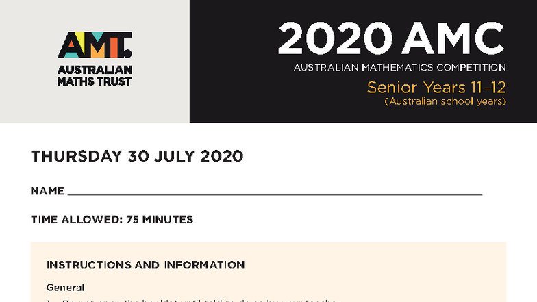 2020 AMC Australian Mathematics Competition Senior Years Exam - Studocu