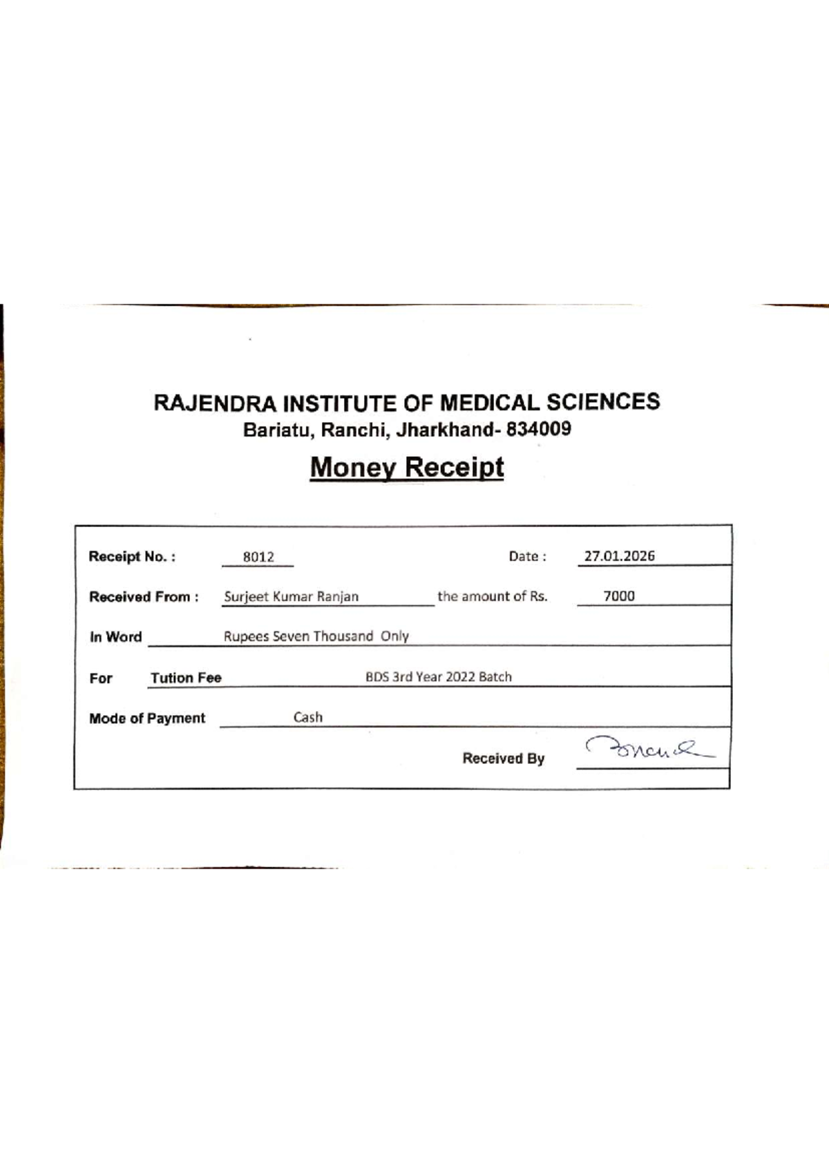 BDS 3rd Year Tuition Fee Receipts - 2022 Batch - Studocu