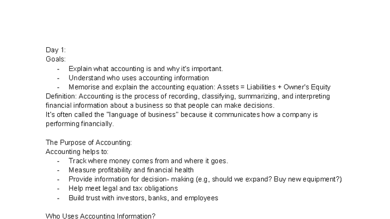 Week 1 - Intro to Accounting: Goals, Users, and the Equation - Studocu