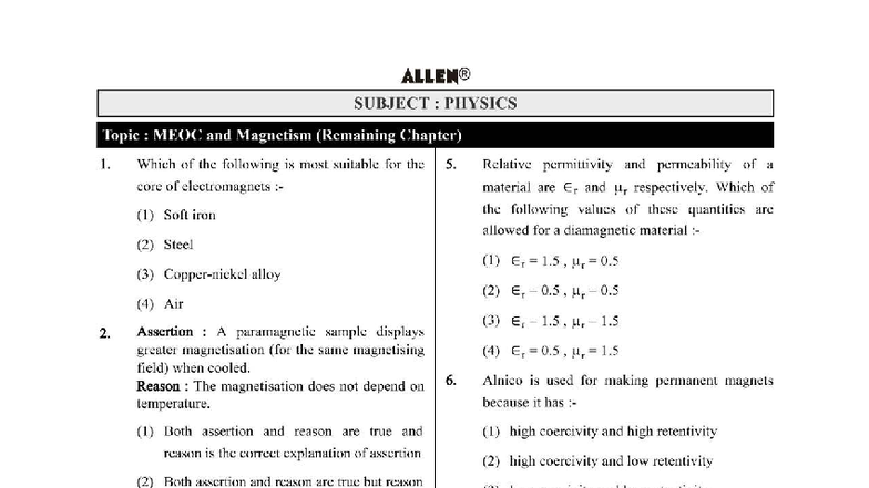MEOC Physics Questions Bank on Magnetism and Electromagnetism - Studocu