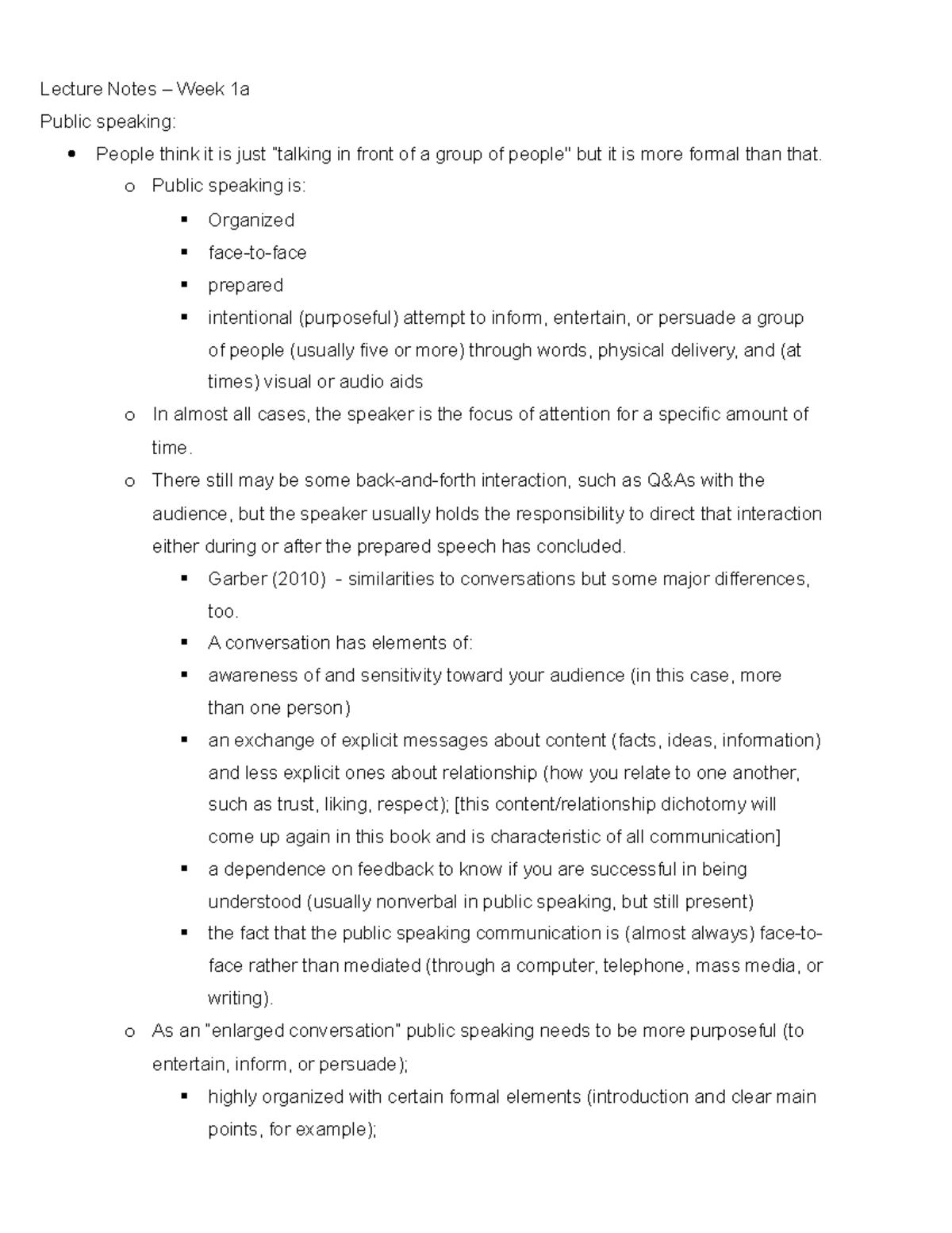 Lecture Notes - Public Speaking Fundamentals (Week 1a) - Studocu