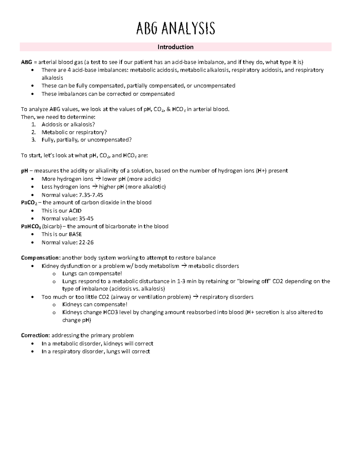 ABG Analysis and Acid-Base Balance Med Surg Study Guide - Studocu