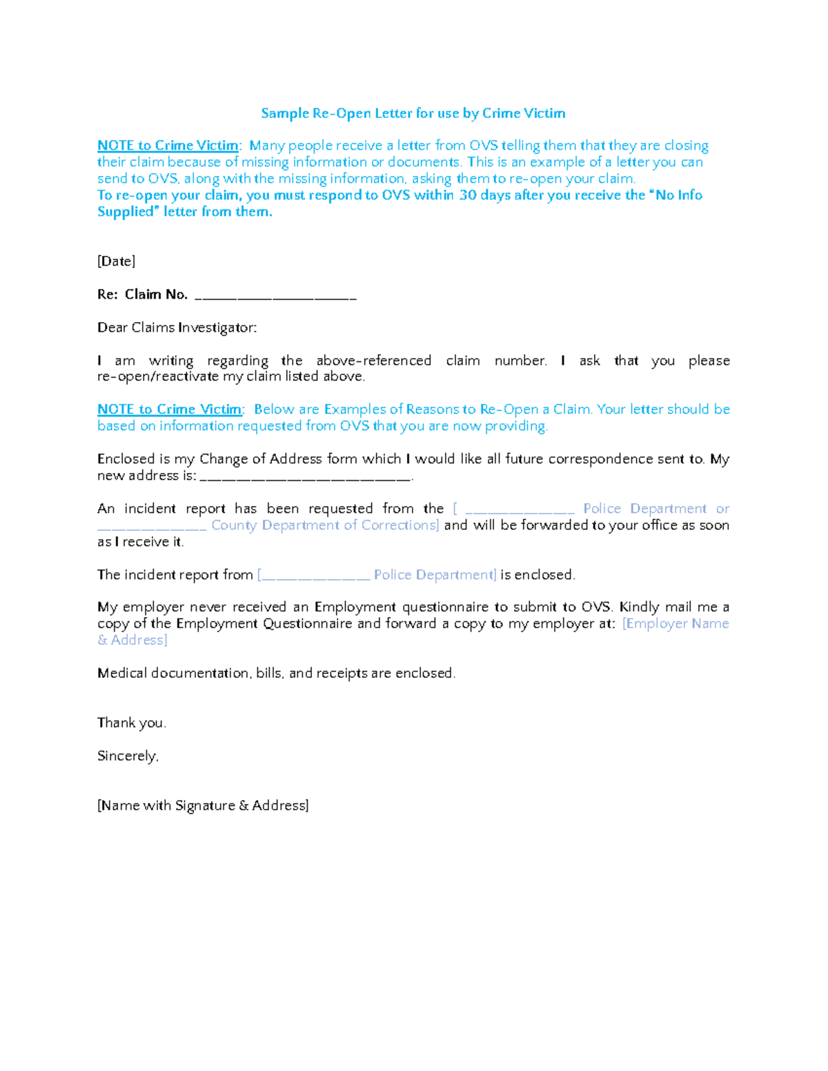 Sample Letter to Reopen Claim for Crime Victims - Guidance - Studocu