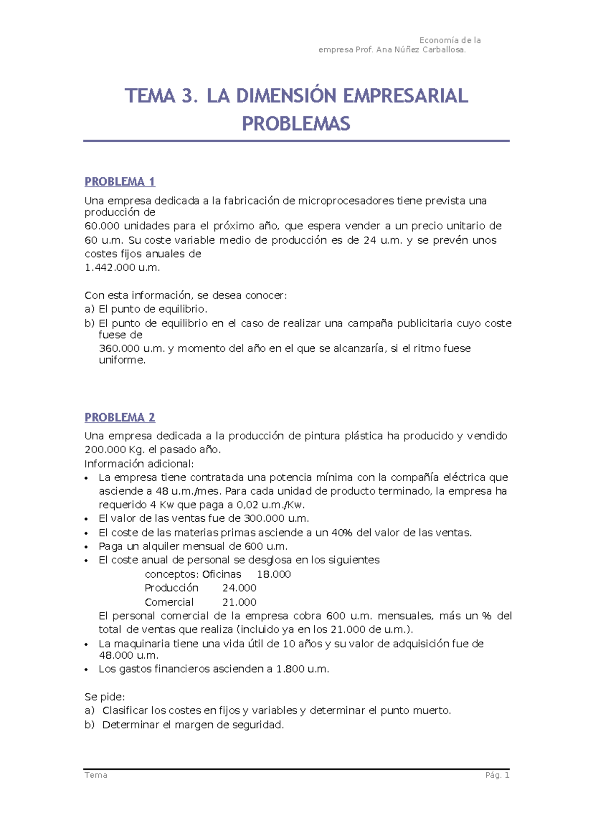 T3. Problemas de Economía de la Empresa - Prof. Ana Núñez Carballosa ...