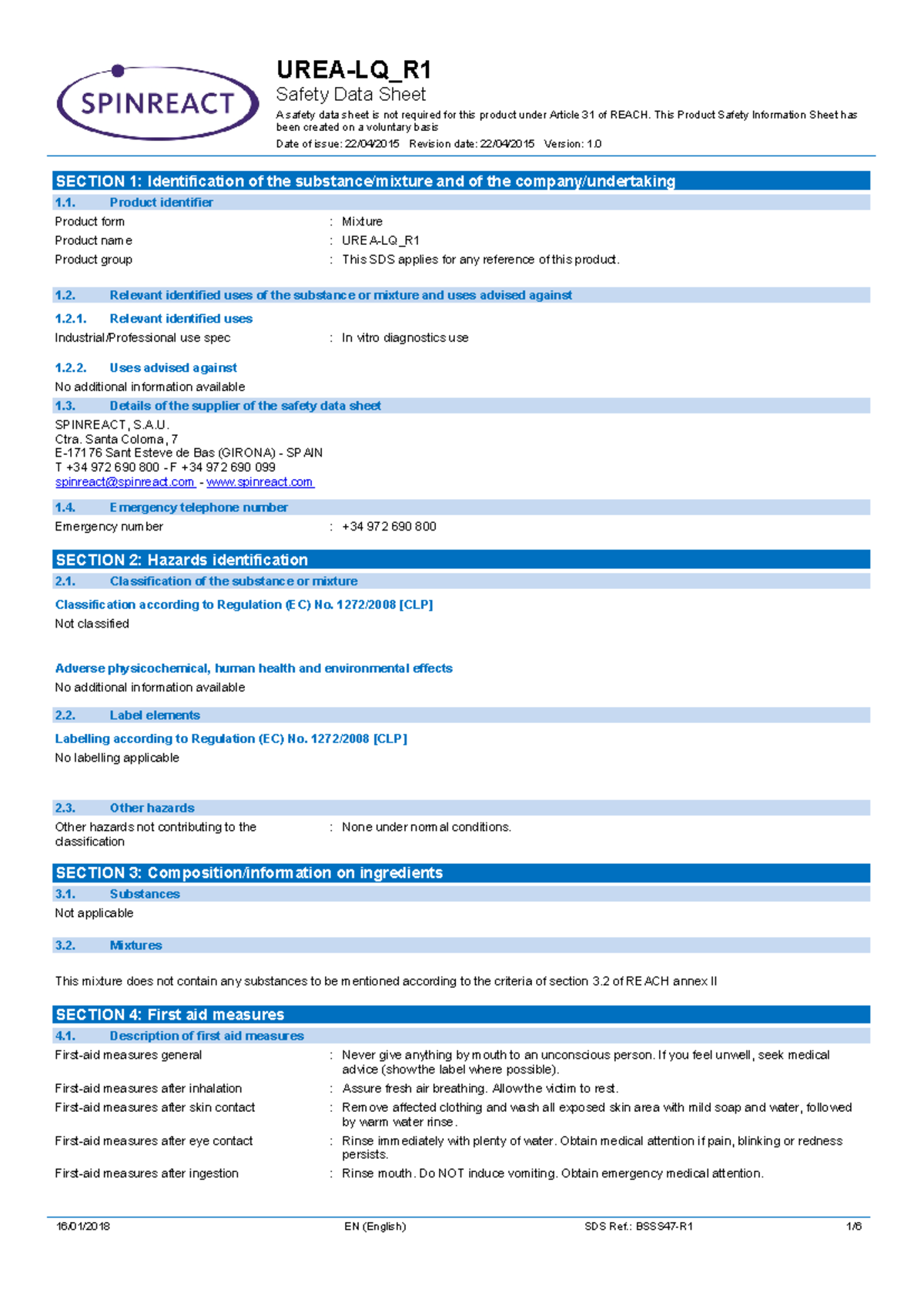 MSDS for Urea Reagent (Spinreact UREA) - Safety Data Overview - Studocu