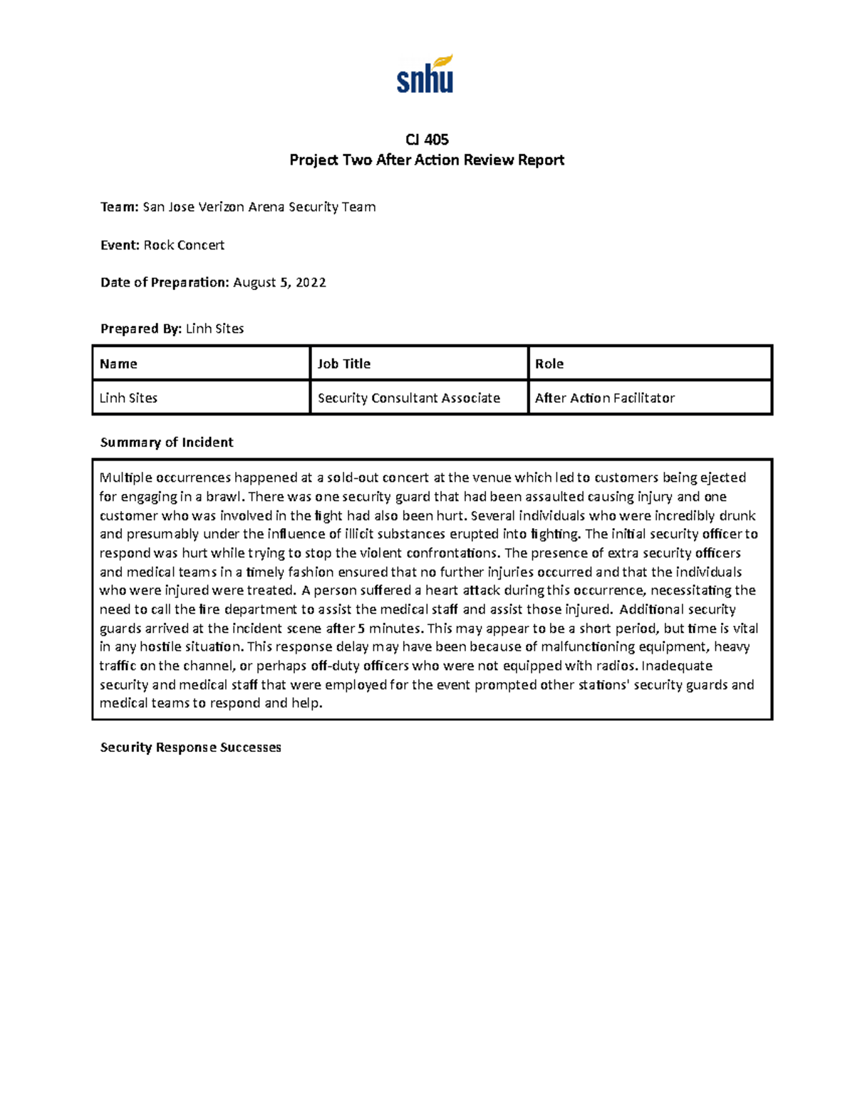 CJ 405 Project Two: After Action Review on Concert Security Incident ...