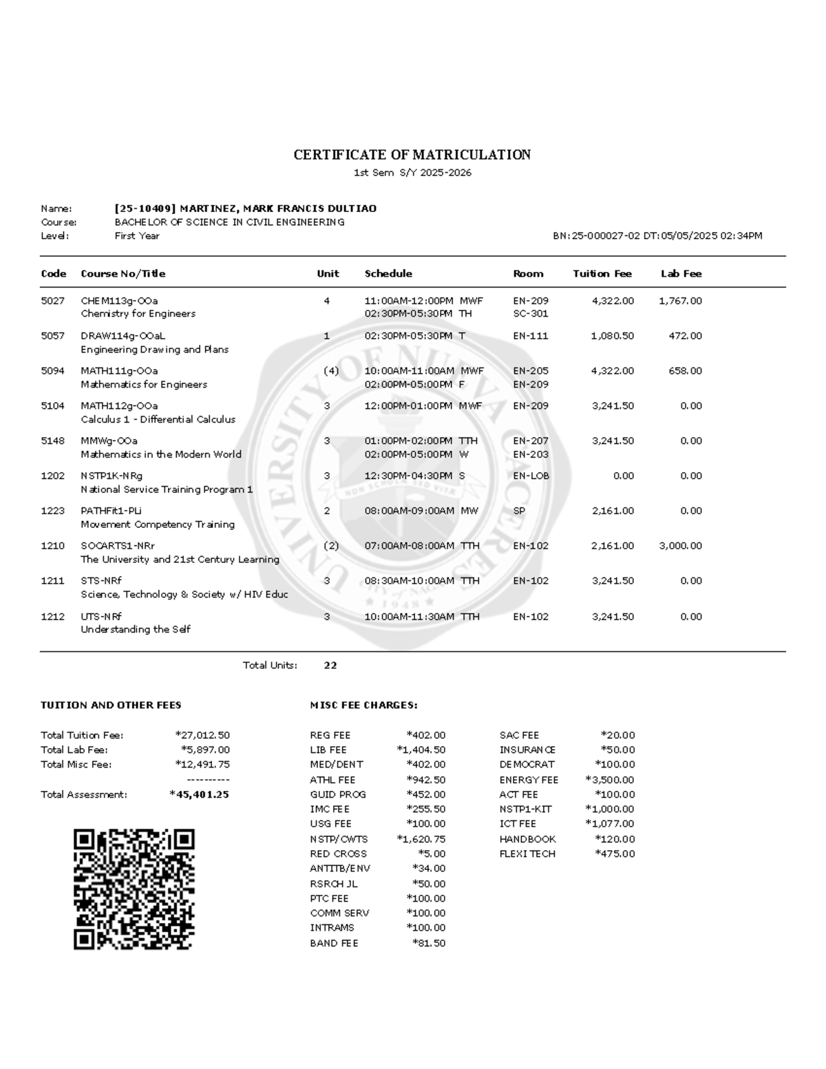 Certificate of Matriculation: 1st Sem BSC in Civil Engg - Martinez ...