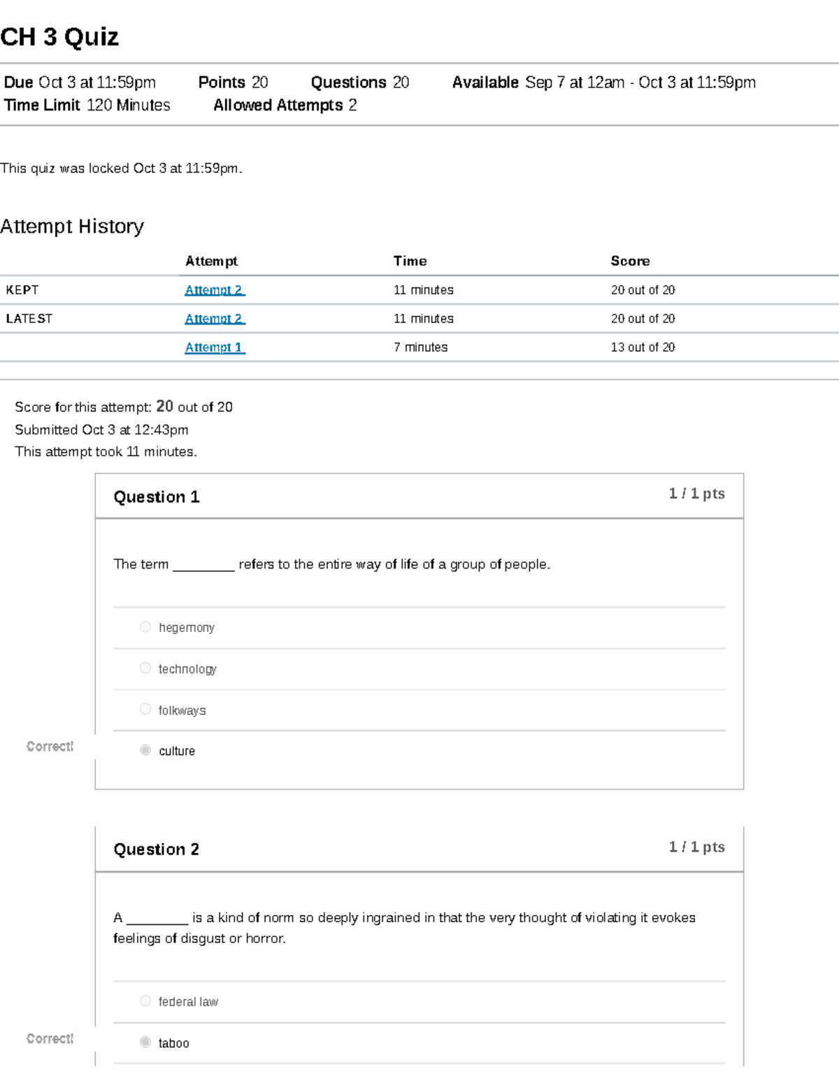 CH 3 Quiz Introduction to Sociology - CH 3 Quiz Due Oct 3 at 11:59pm ...