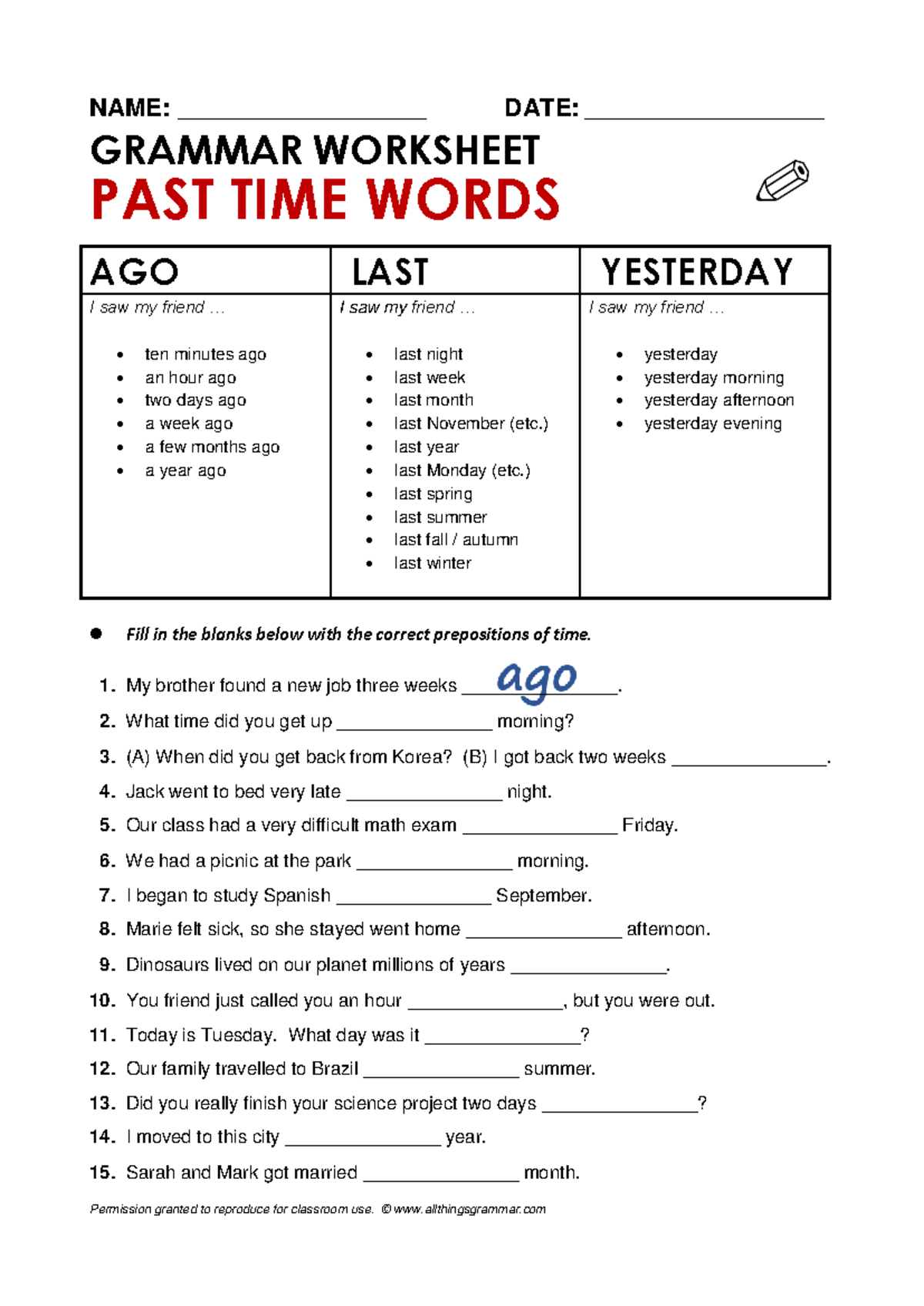 Past Simple Practice Worksheet: Time Expressions and Prepositions - Studocu