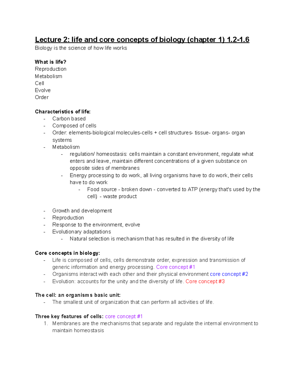 Biology 101: Lecture 2 - Core Concepts & Characteristics of Life - Studocu