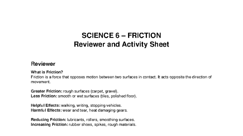 SCIENCE 6 Friction: Reviewer & Activity Sheet Guide - Studocu