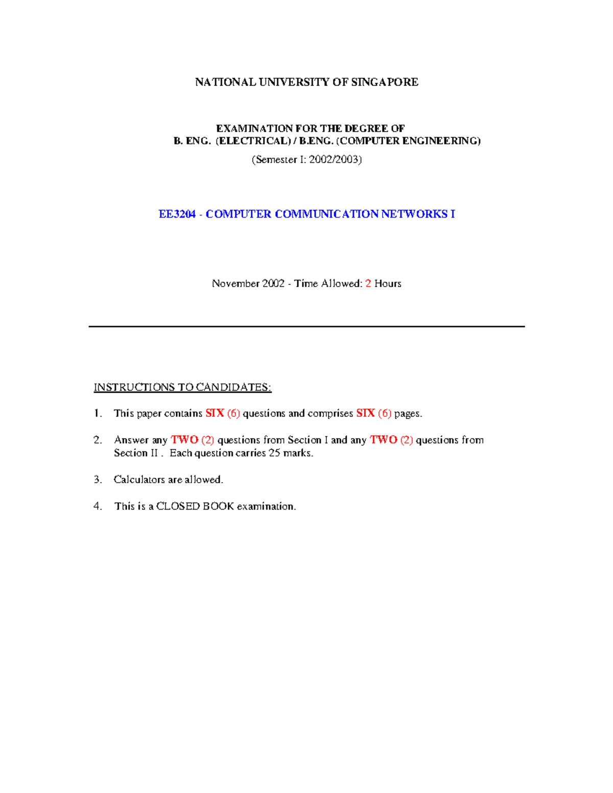 EE3204 Final Exam: Computer Communication Networks I - Nov 2002 - Studocu