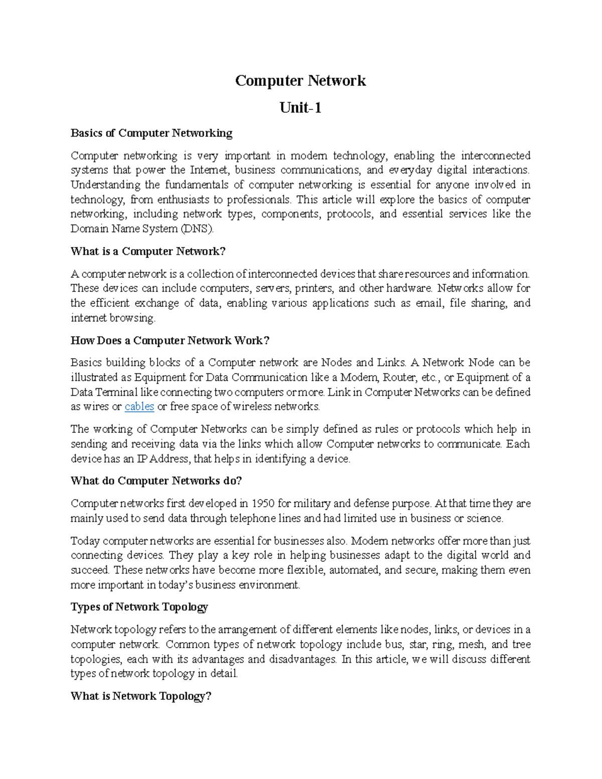 UNIT 1 CN - ......................... - Computer Network Unit- Basics of Computer Networking ...