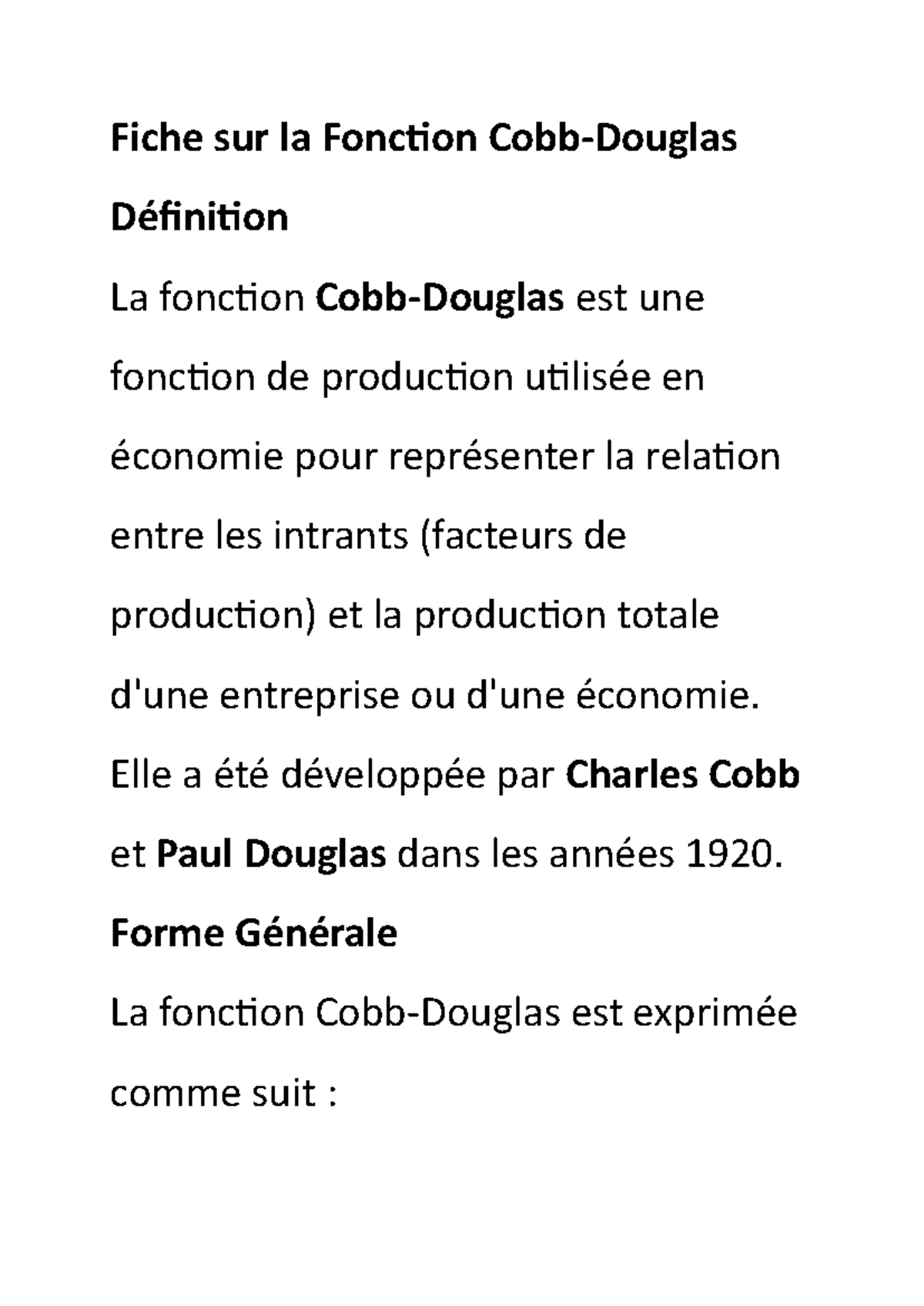 Fiche sur la Fonction Cobb-Douglas en Économie et Production - Studocu
