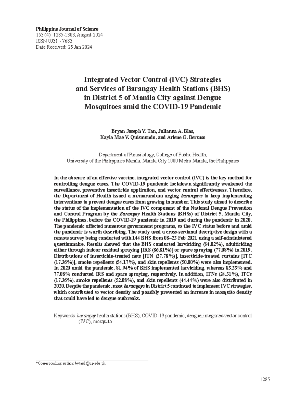 Integrated Vector Control Strategies of BHS in Manila City: Dengue ...