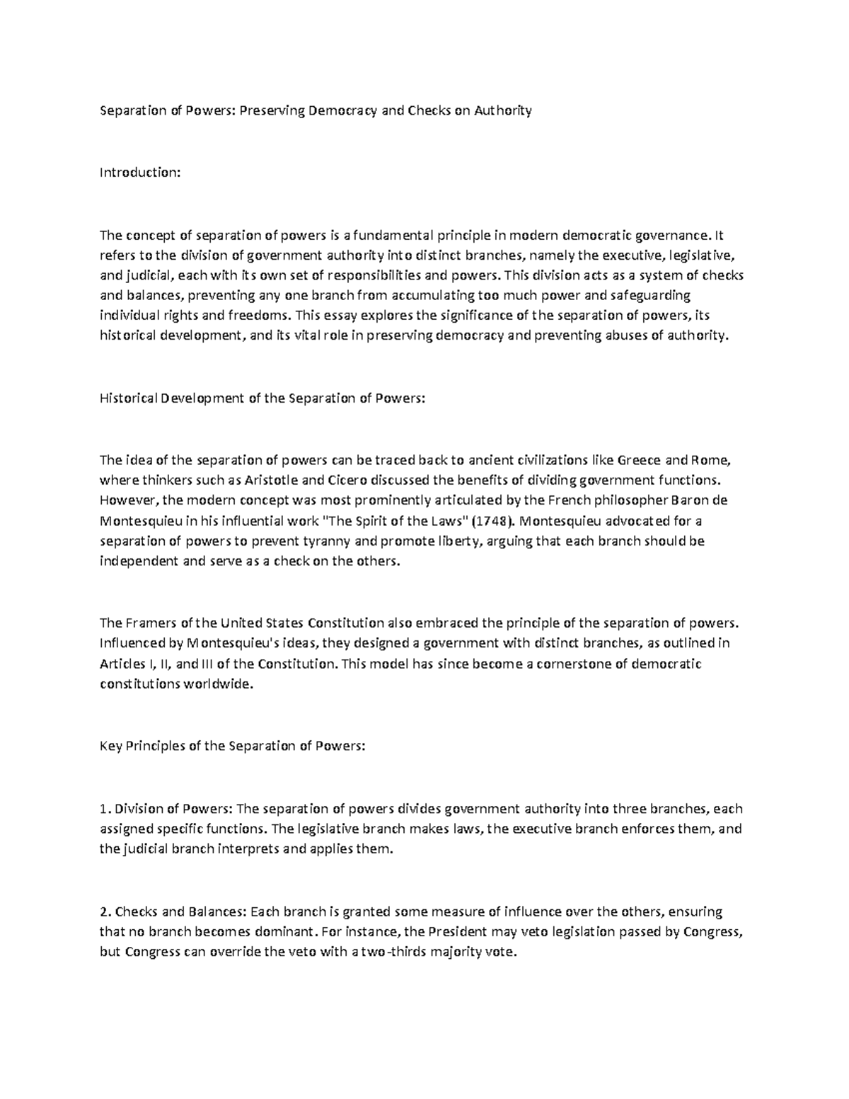 Document 16 - essay - Separation of Powers: Preserving Democracy and ...