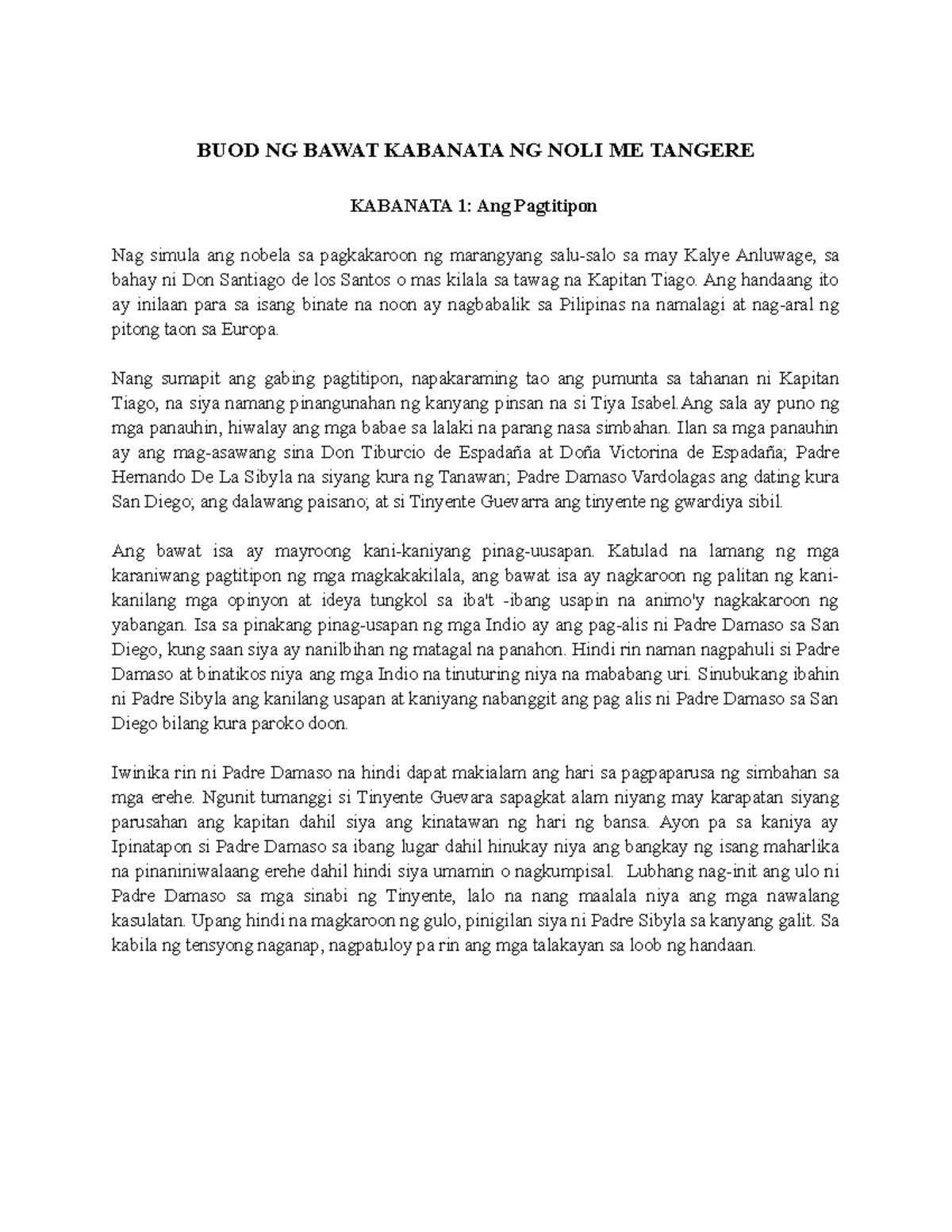 Noli Me Tangere: Buod ng Kabanata 1-8 para sa FIL101 - Studocu