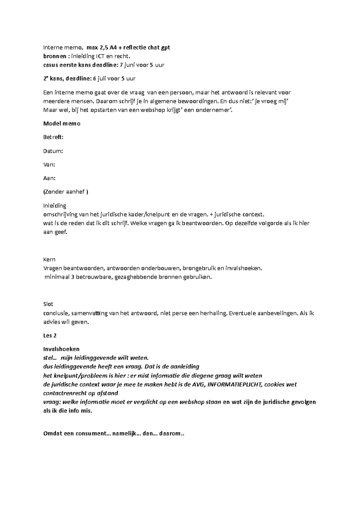 Interne Memo Over Juridische Kaders in Webshop ICT en Recht - Studeersnel