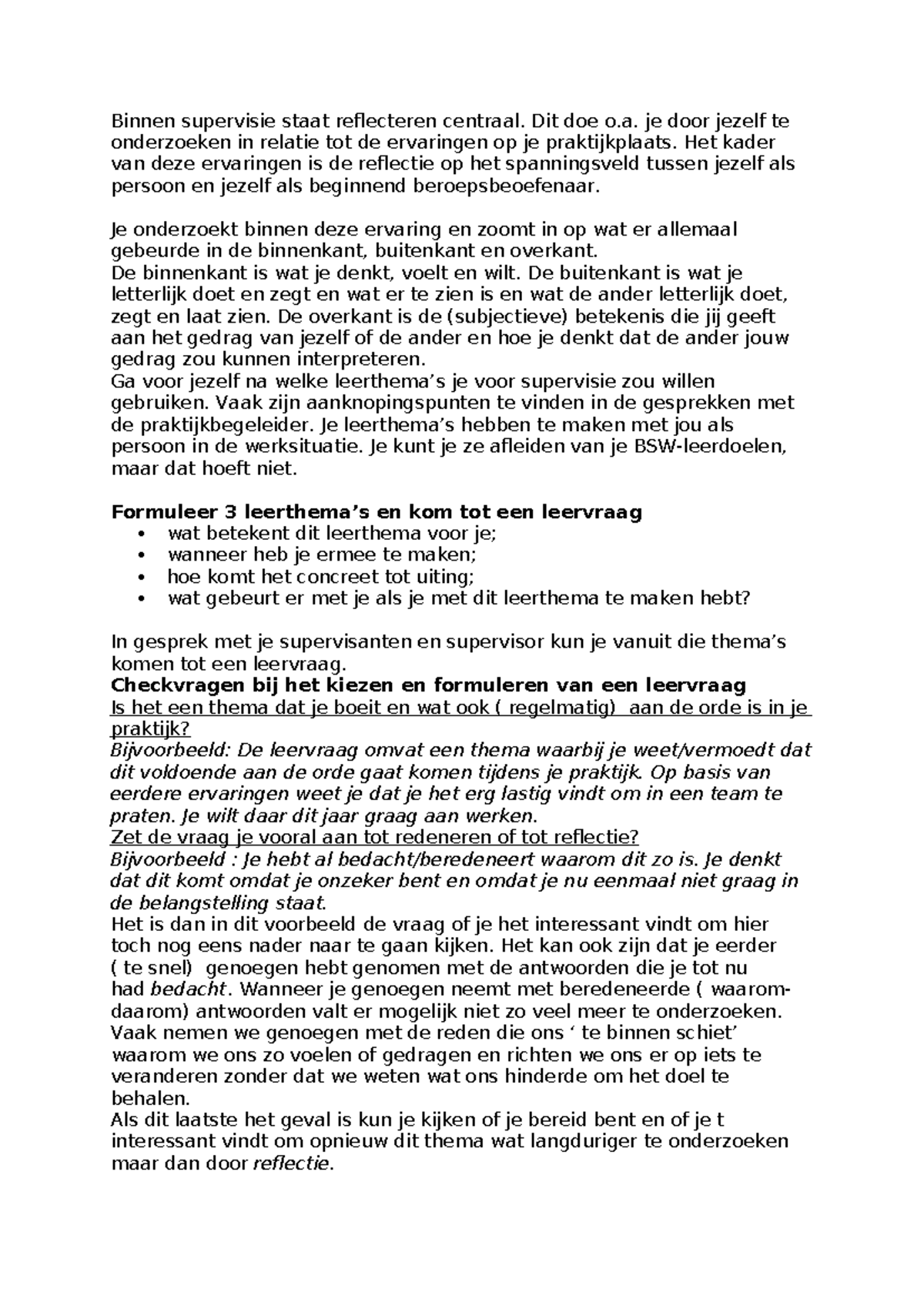 Leerdoelen in Supervisie: Reflectie en Leervragen Format - Studeersnel