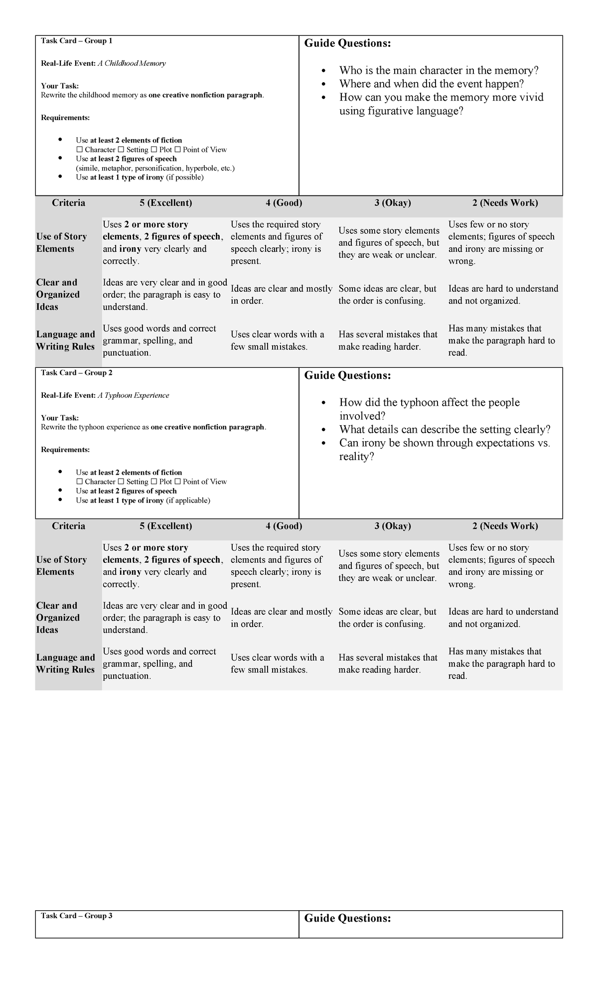 Task Card Group 1 & 2: Creative Nonfiction Writing Guide - Studocu