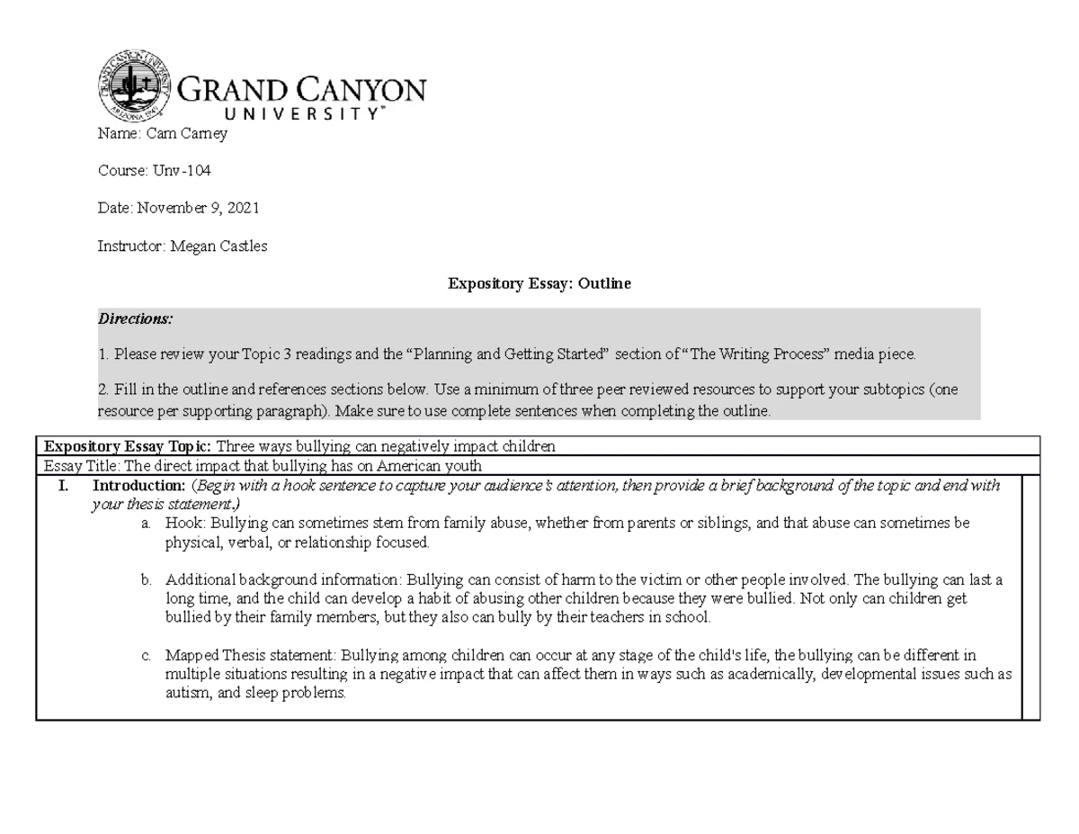 Expository essay outline on bullying: Cause and effect for UNV 104 ...