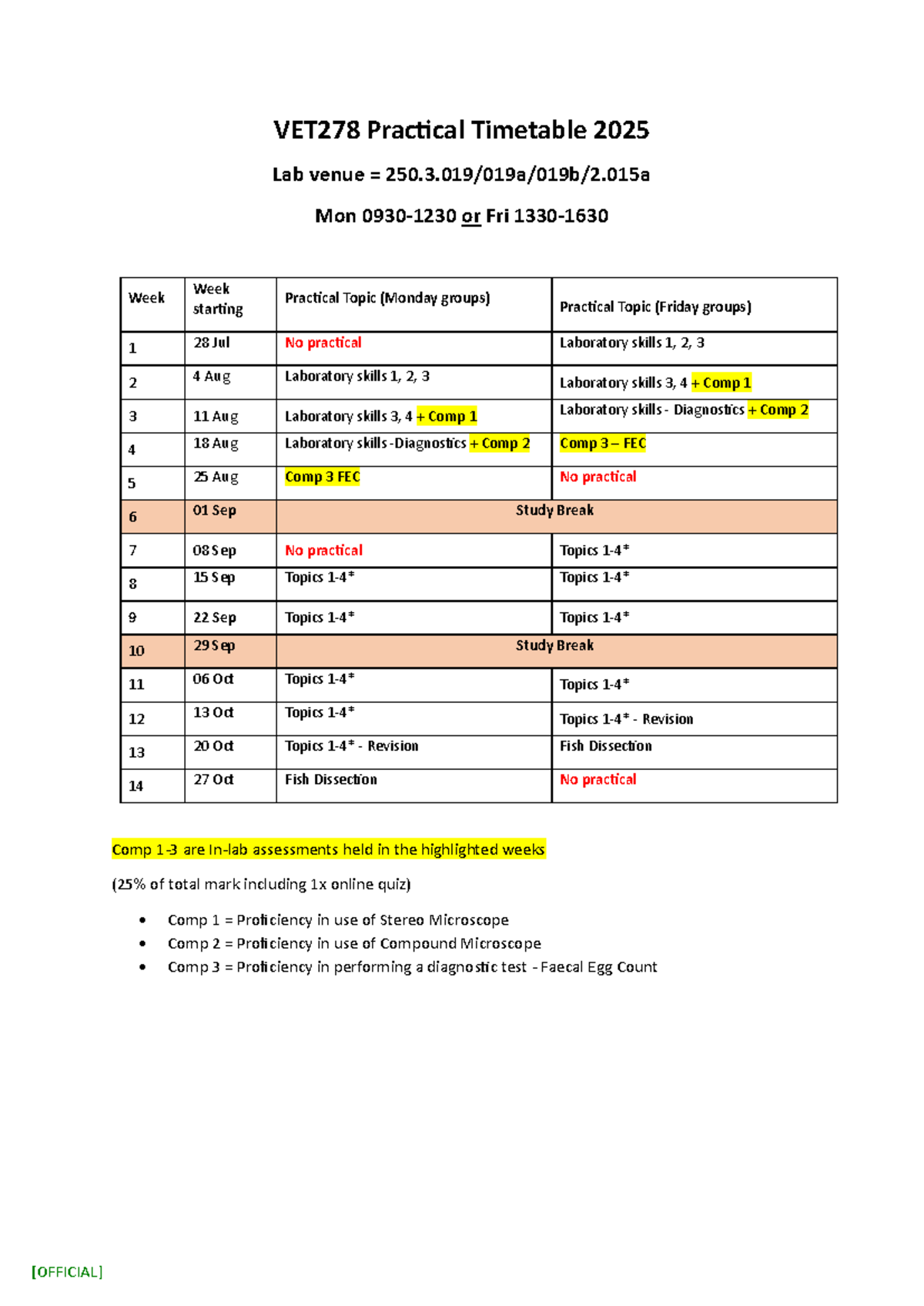VET278 - 2025 Practical Lab Timetable and Assessment Schedule - Studocu