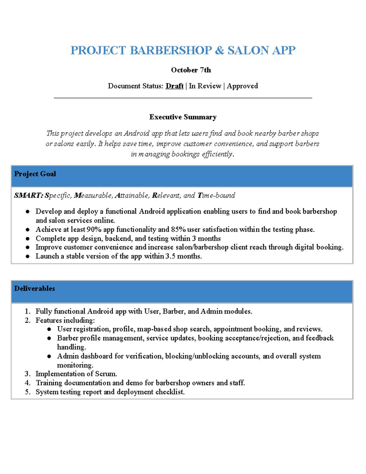 Barbershop Salon App Project Plan & Timeline (Draft) - Studocu