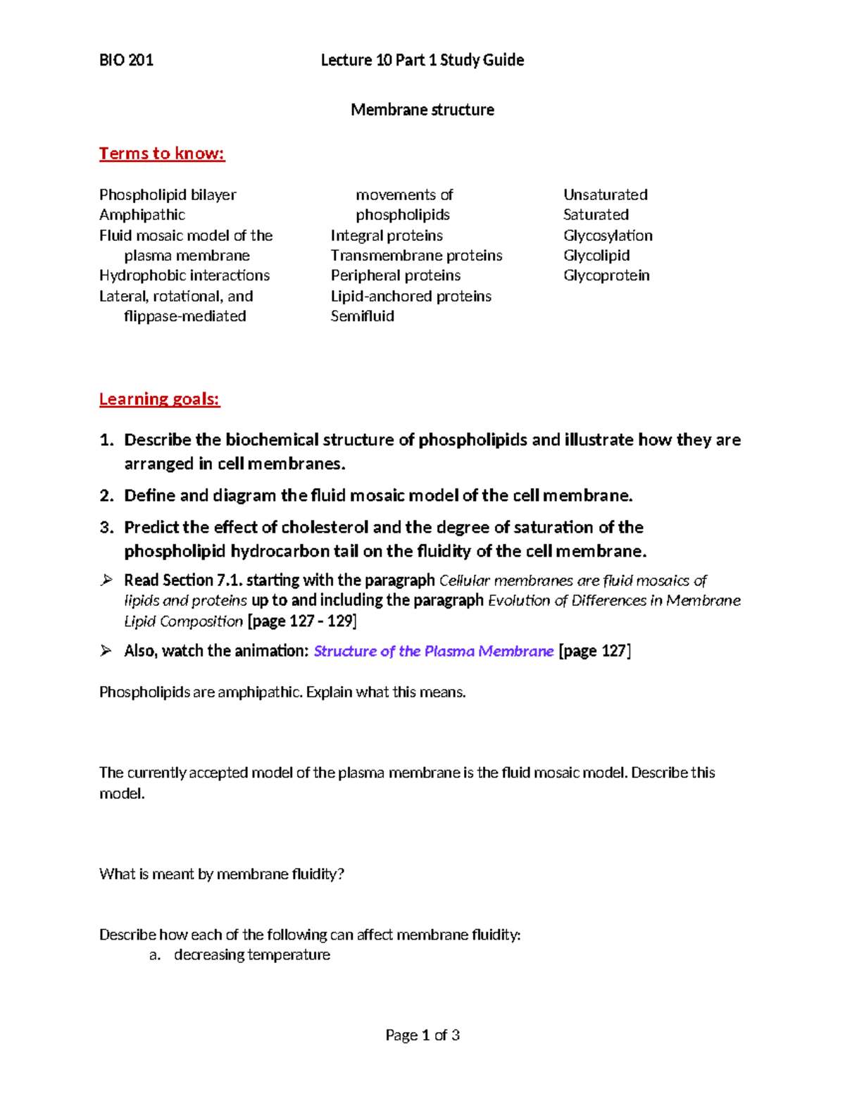 BIO 201 Lecture 10 Part 1 Study Guide: Membrane Structure and Function - BIO 201 Lecture 10 Part ...