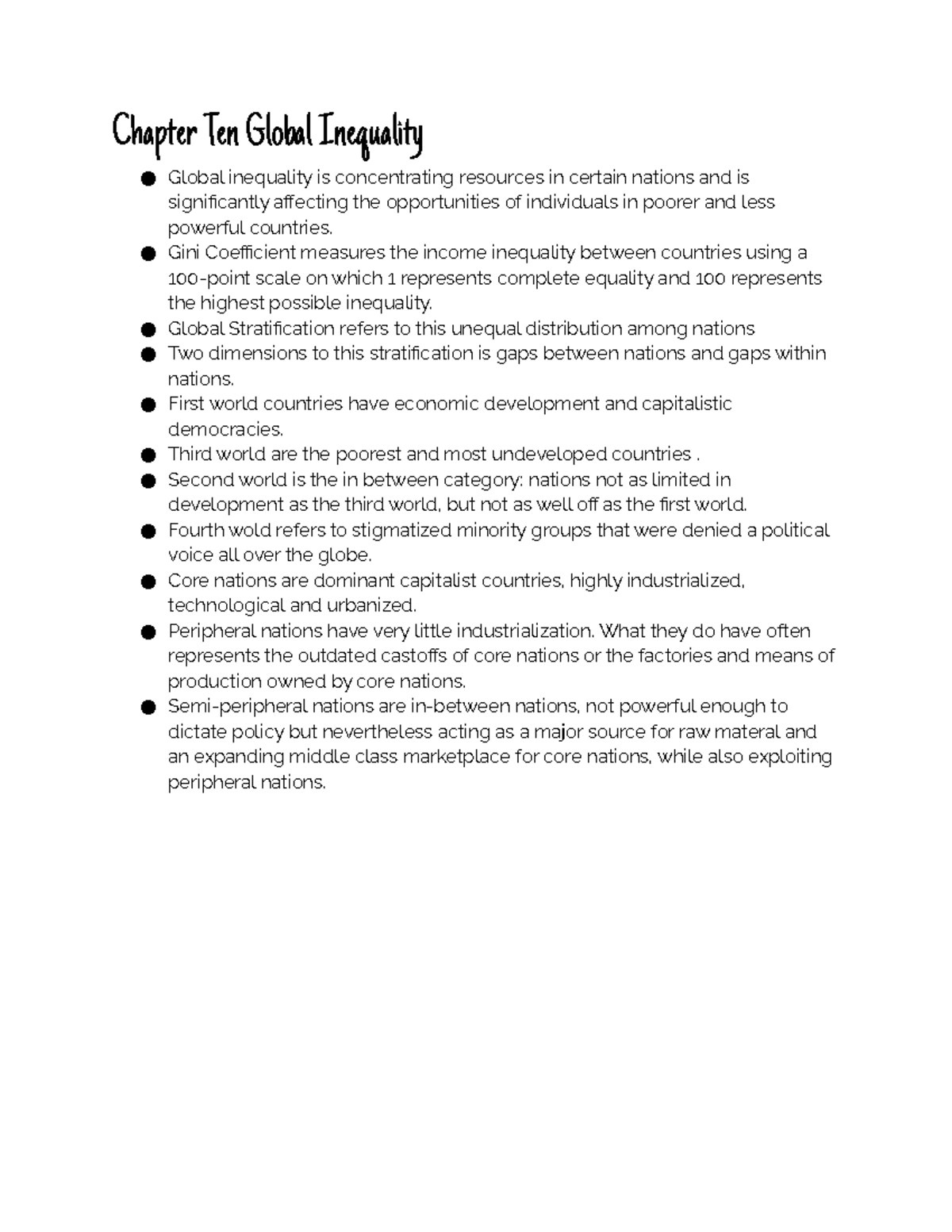 Chapter Ten Notes SOC 201 - Chapter Ten Global Inequality Global ...
