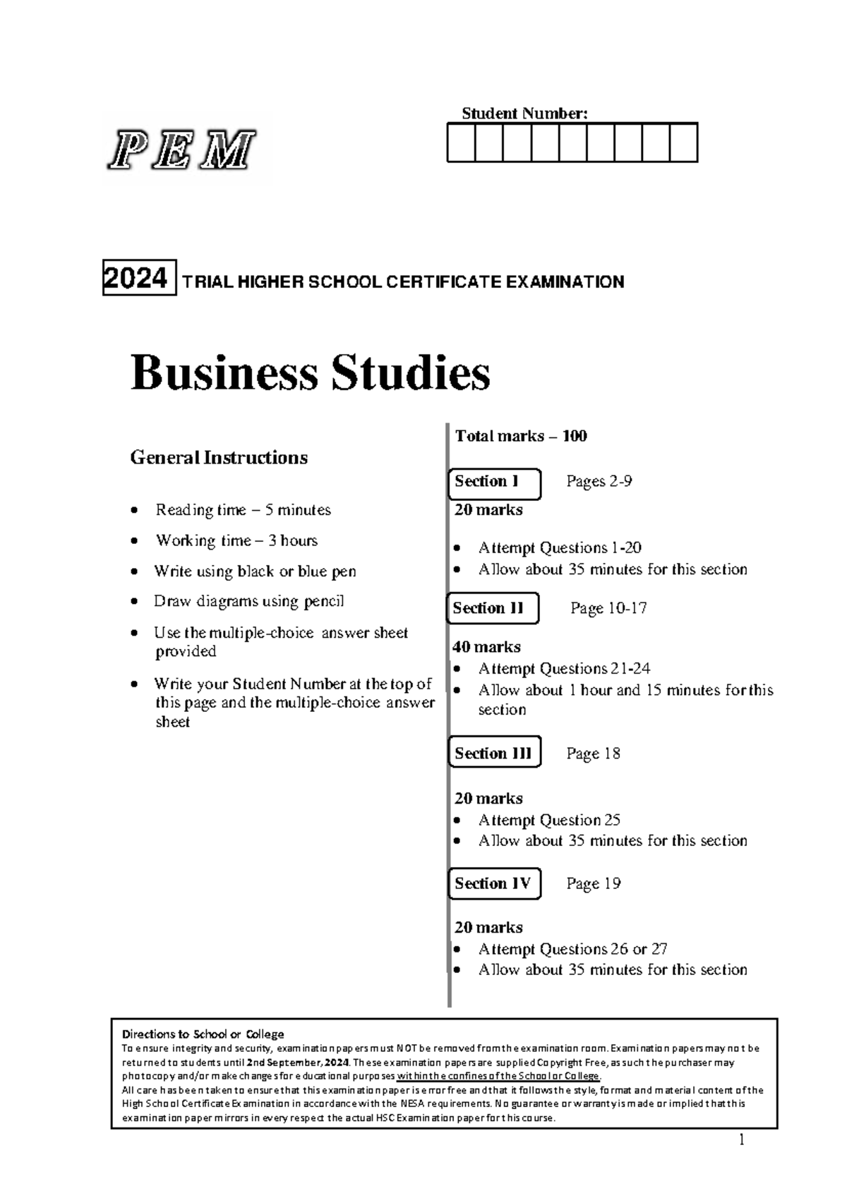 PEM 2024 Business Studies Trial HSC Exam & Marking Guidelines - Studocu